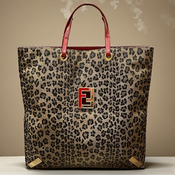 Fendi | Bags | Fendi Leopard Print Tote W Red Leather Handles Ff Logo ...
